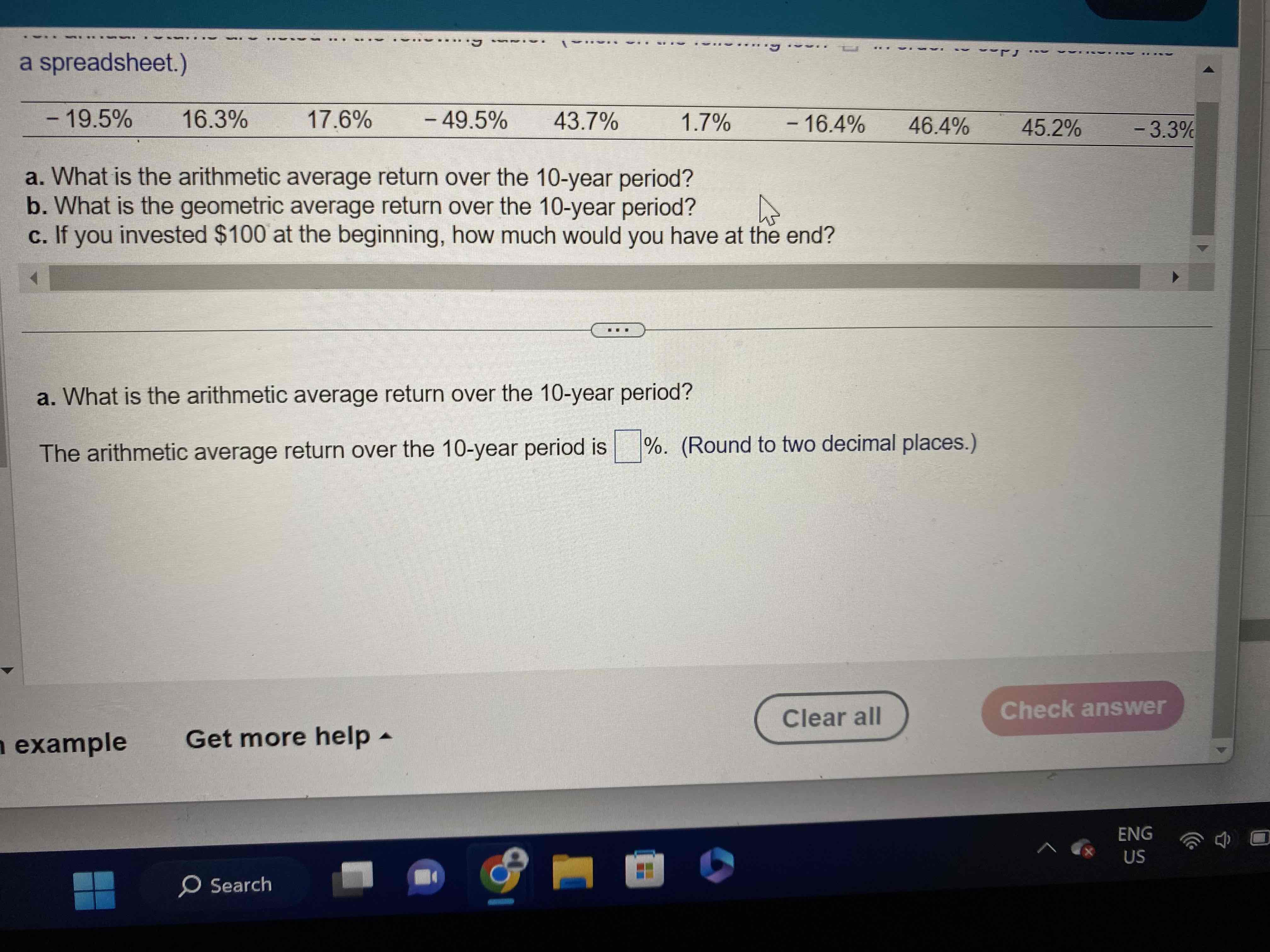 Solved a. What is the arithmetic average return over the 10 | Chegg.com