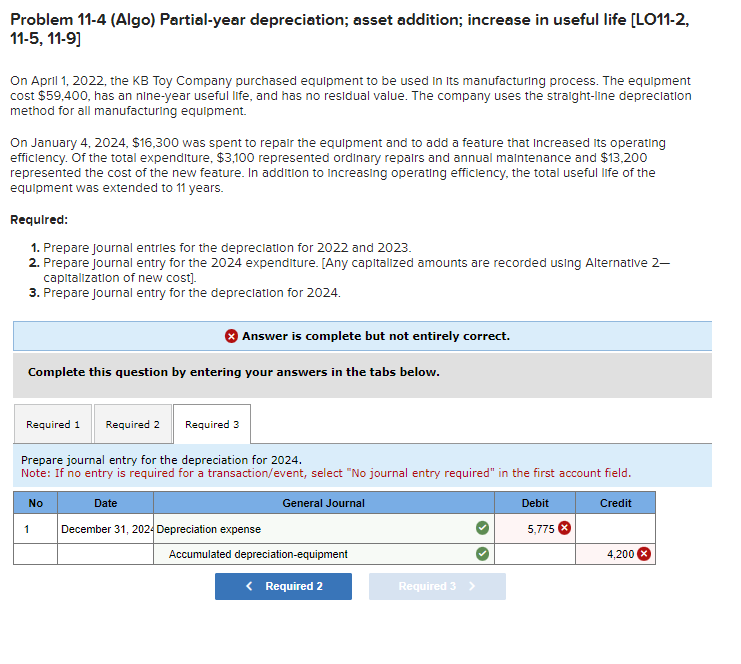 Problem 11-4 (Algo) Partial-year depreciation; asset | Chegg.com