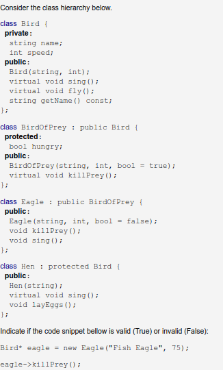 Solved Consider the class hierarchy below. class Bird ! | Chegg.com