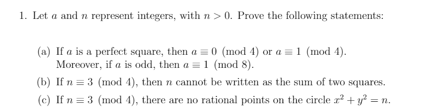 Solved 1. Let a and n represent integers, with n>0. Prove | Chegg.com