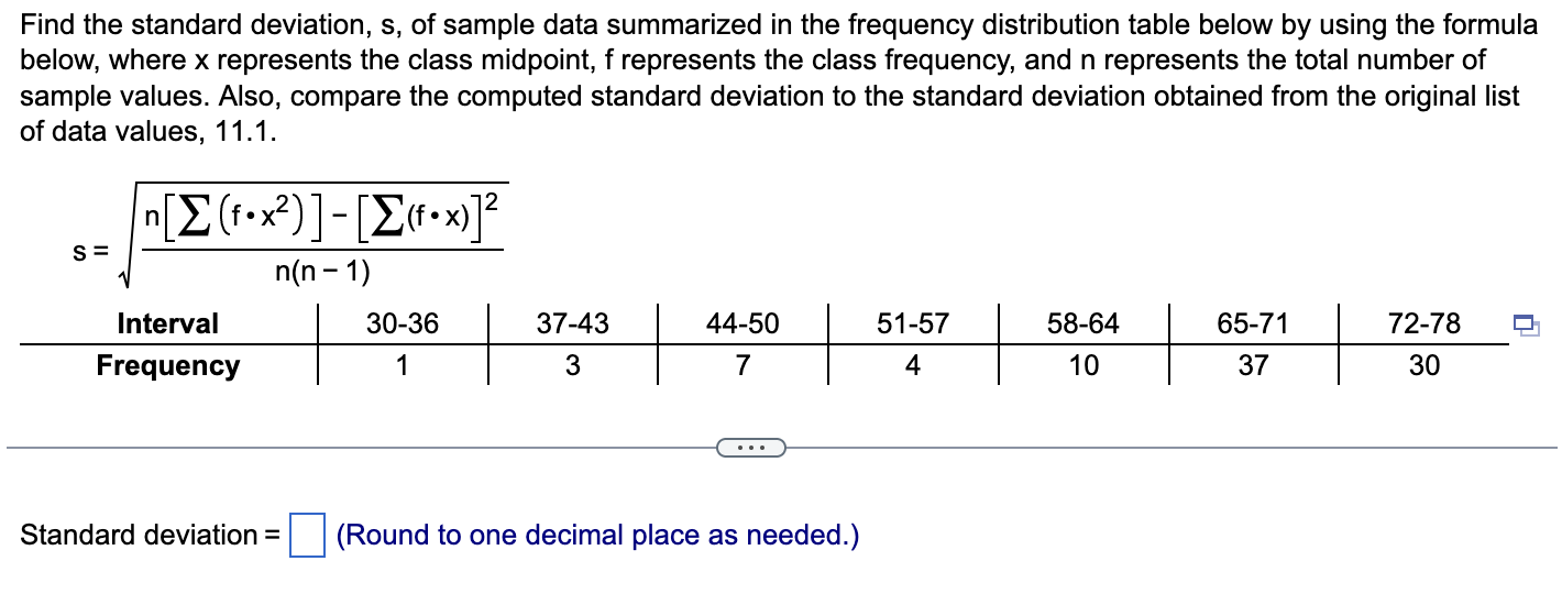 Solved Find the standard deviation, s, of sample data | Chegg.com