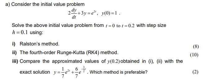Solved a) Consider the initial value problem 2dy+3y=e”, y0=1 | Chegg.com