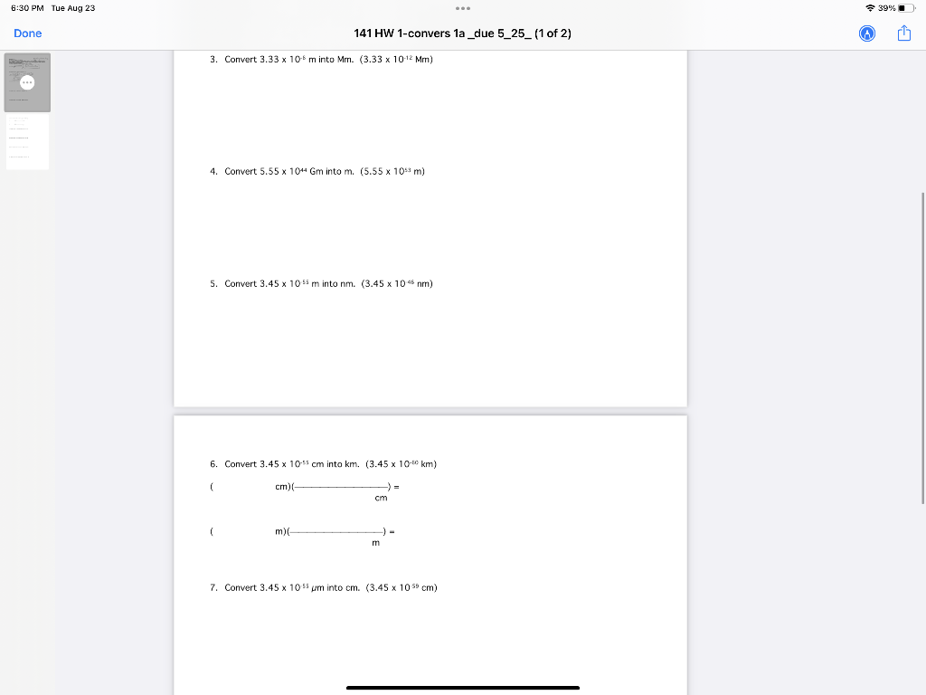 Solved 3. Convert 3.33×10−6 m into Mm.(3.33×10−12Mm) 4. | Chegg.com