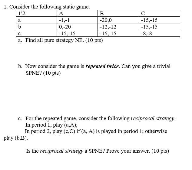 Solved 1. Consider the following static game: 112 BC -1,-1 | Chegg.com