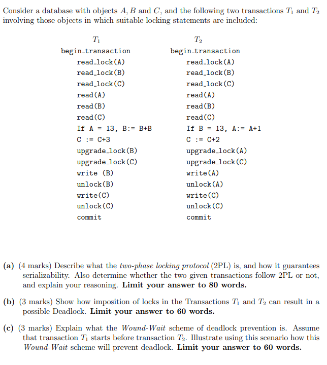 Consider a database with objects A, B and C, and the | Chegg.com