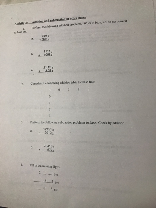 Solved I. Perform the following addition problems. Work in | Chegg.com