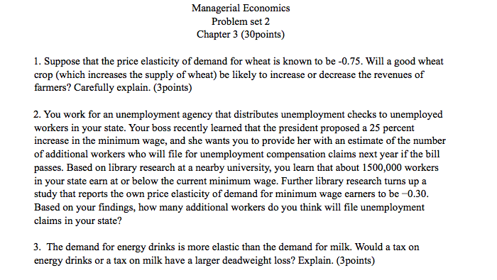 Solved Managerial Economics Problem set 2 Chapter 3 | Chegg.com
