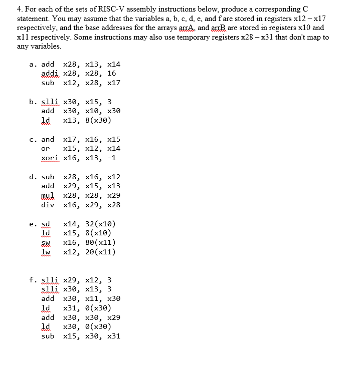 4. For each of the sets of RISC-V assembly | Chegg.com