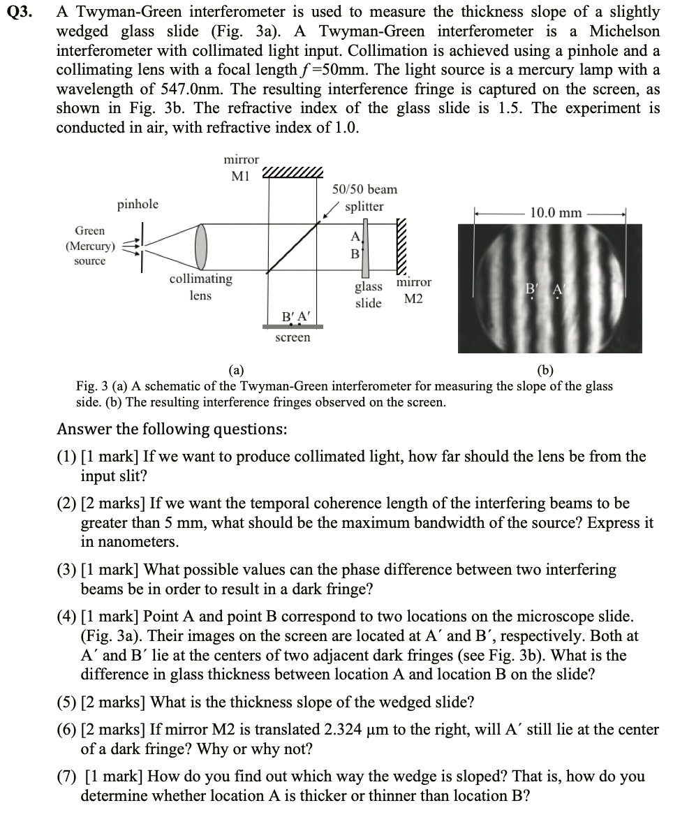 Solved Q3. A Twyman-Green interferometer is used to measure | Chegg.com