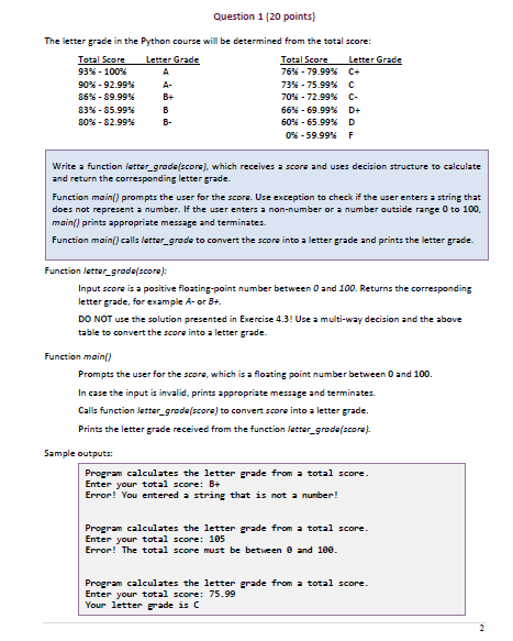 Solved Write a function “to_letter_grade(score)” that | Chegg.com
