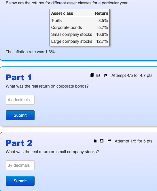 Solved Below are the returns for different asset classes for | Chegg.com