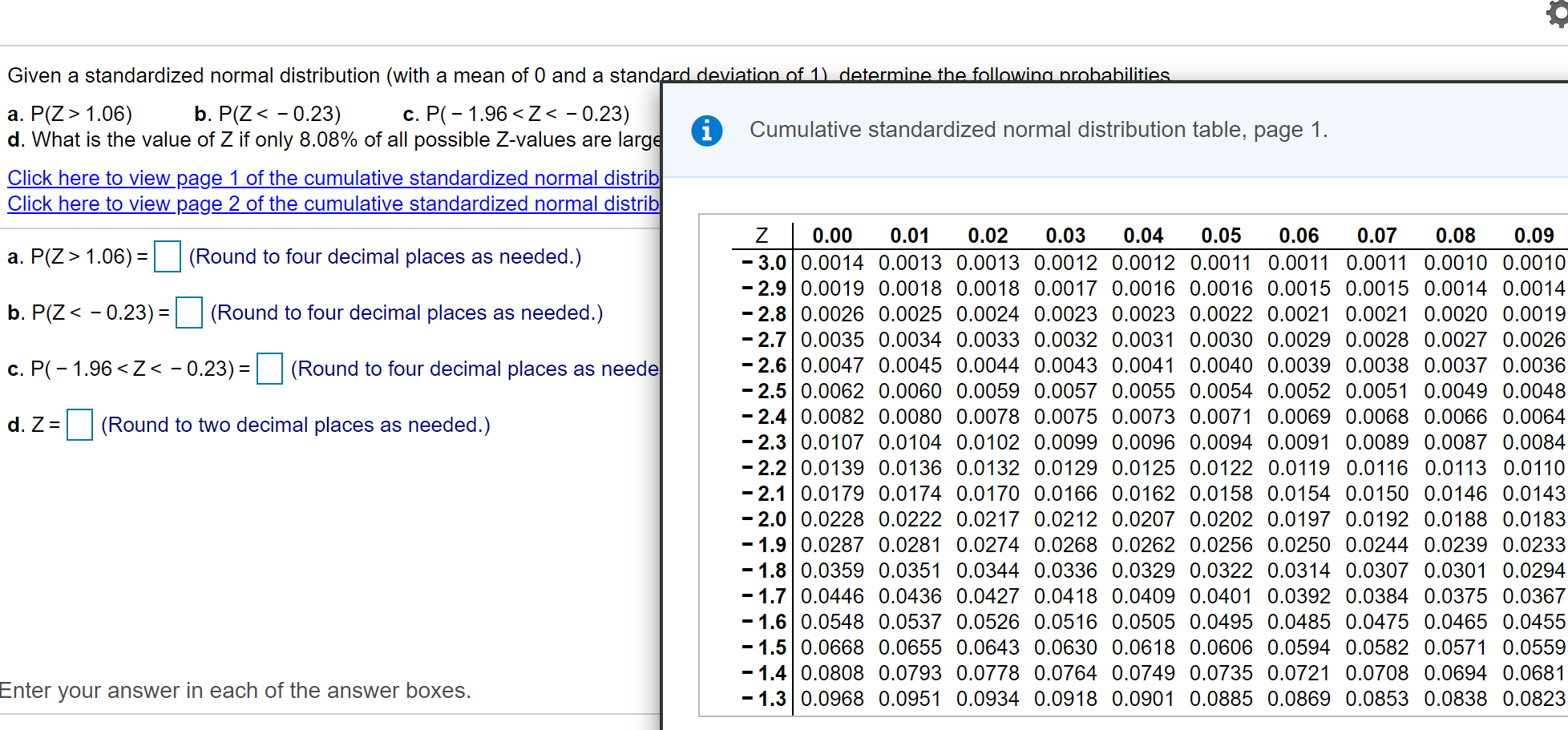 Solved Given a standardized normal distribution (with a mean | Chegg.com