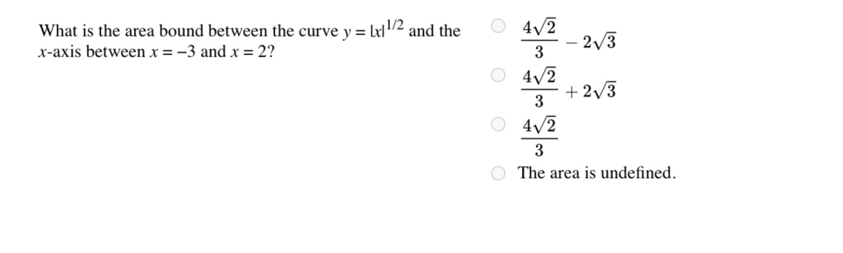 Solved What is the area bound between the curve y=|x|12 ﻿and | Chegg.com