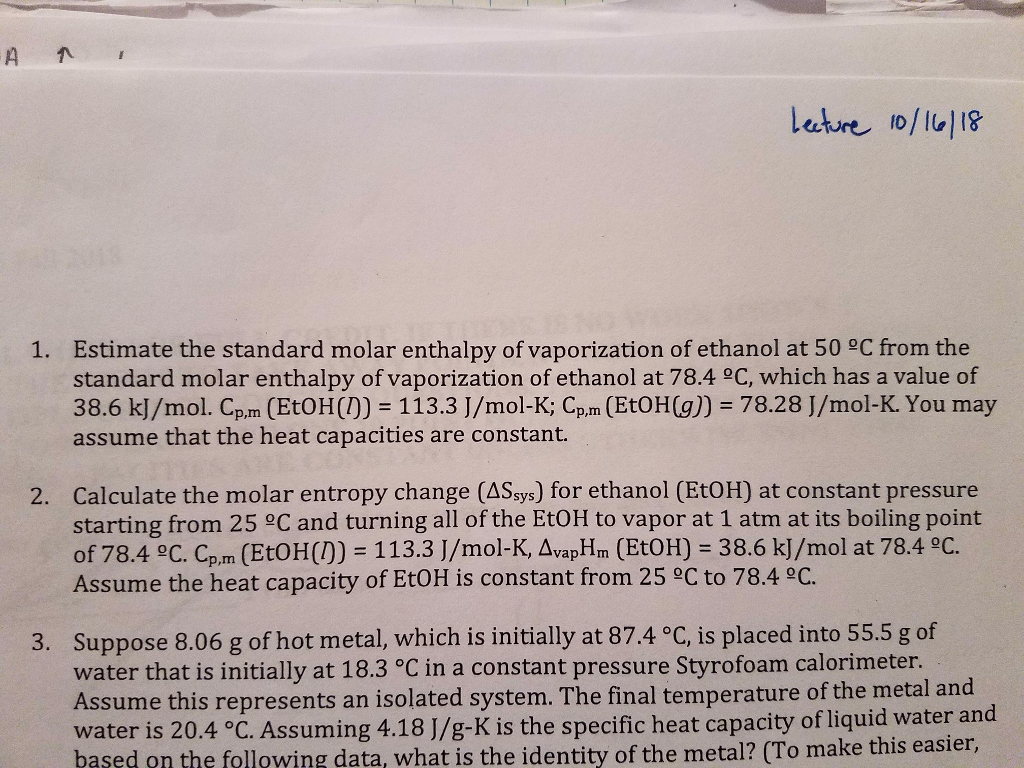 Solved Estimate the standard molar enthalpy of vaporization | Chegg.com