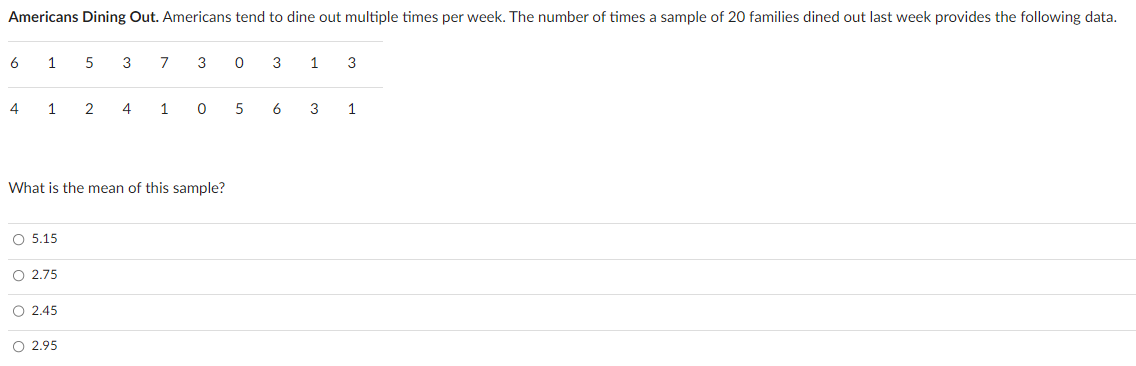 Solved What is the mean of this sample? \begin{tabular}{l} | Chegg.com