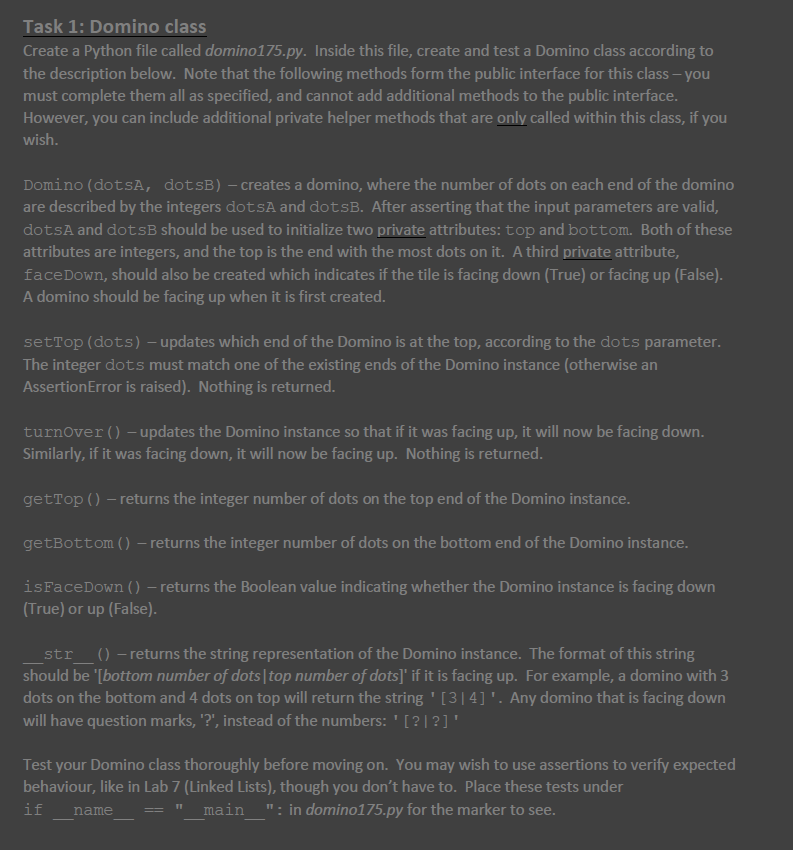 Solved Task 1: Domino class Create a Python file called | Chegg.com