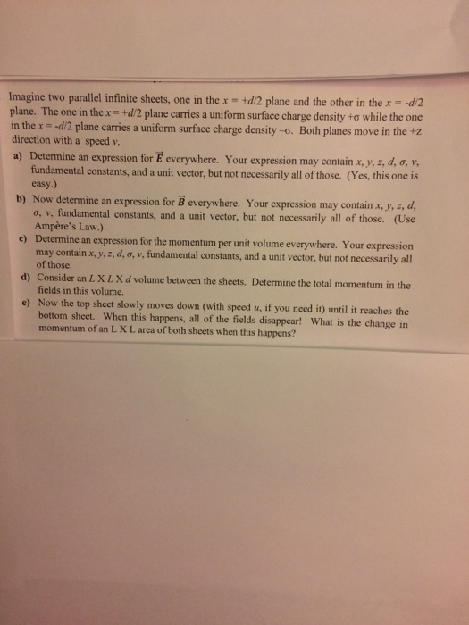 Solved Imagine two parallel infinite sheets, one in the x = | Chegg.com