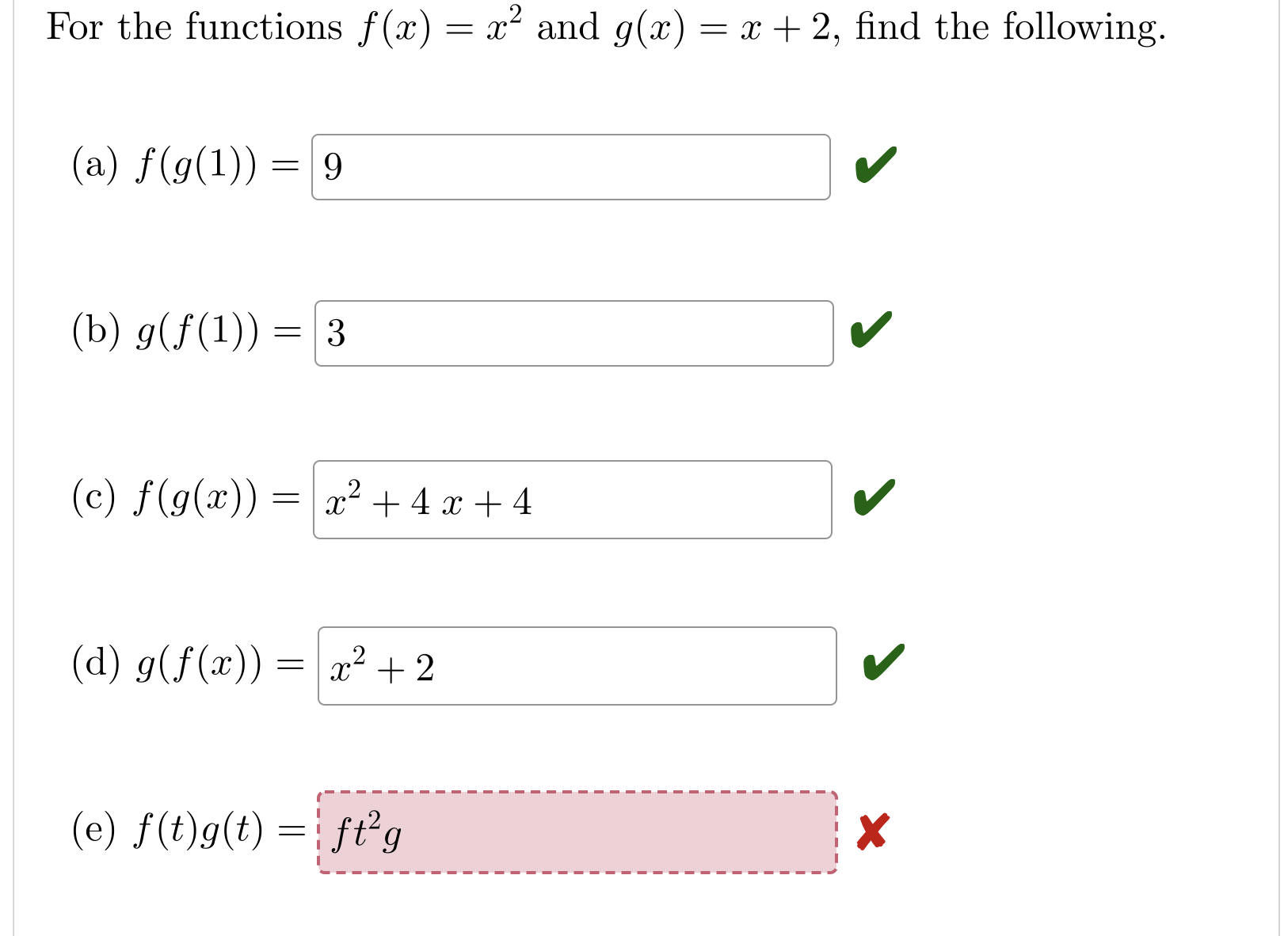 Solved For the functions f(x)=x2 and g(x)=x+2, find the | Chegg.com