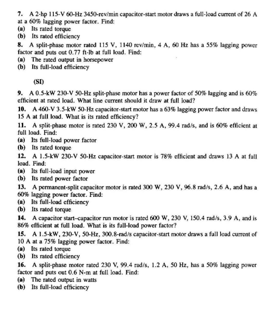 Solved 7. A 2-hp 115-V 60−Hz3450−rev/min capacitor-start | Chegg.com