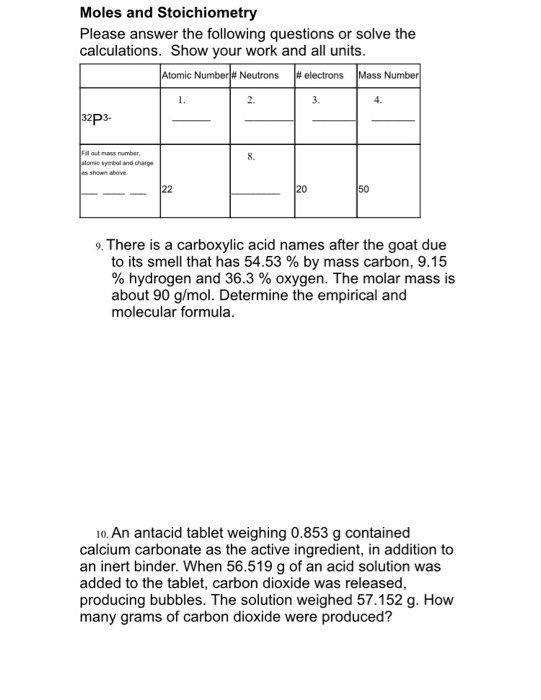 Solved Moles and Stoichiometry Please answer the following | Chegg.com