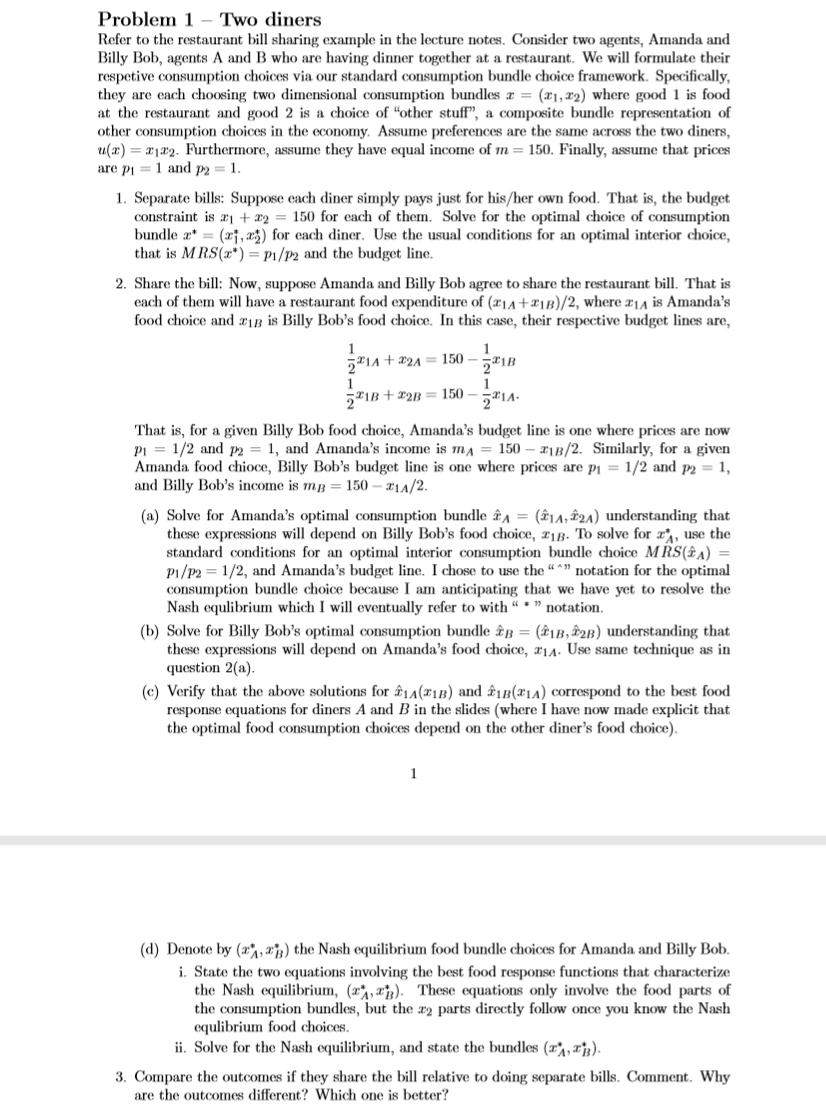 Problem 1 - Two diners Refer to the restaurant bill | Chegg.com