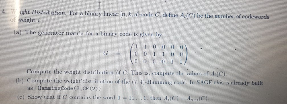 4. Wight Distribution. For a binary linear (n., | Chegg.com