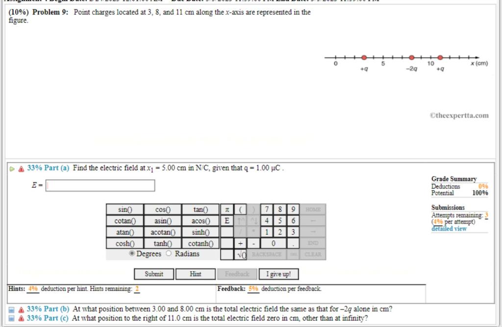 Solved (10\%) Problem 9: Point charges located at 3,8, and | Chegg.com