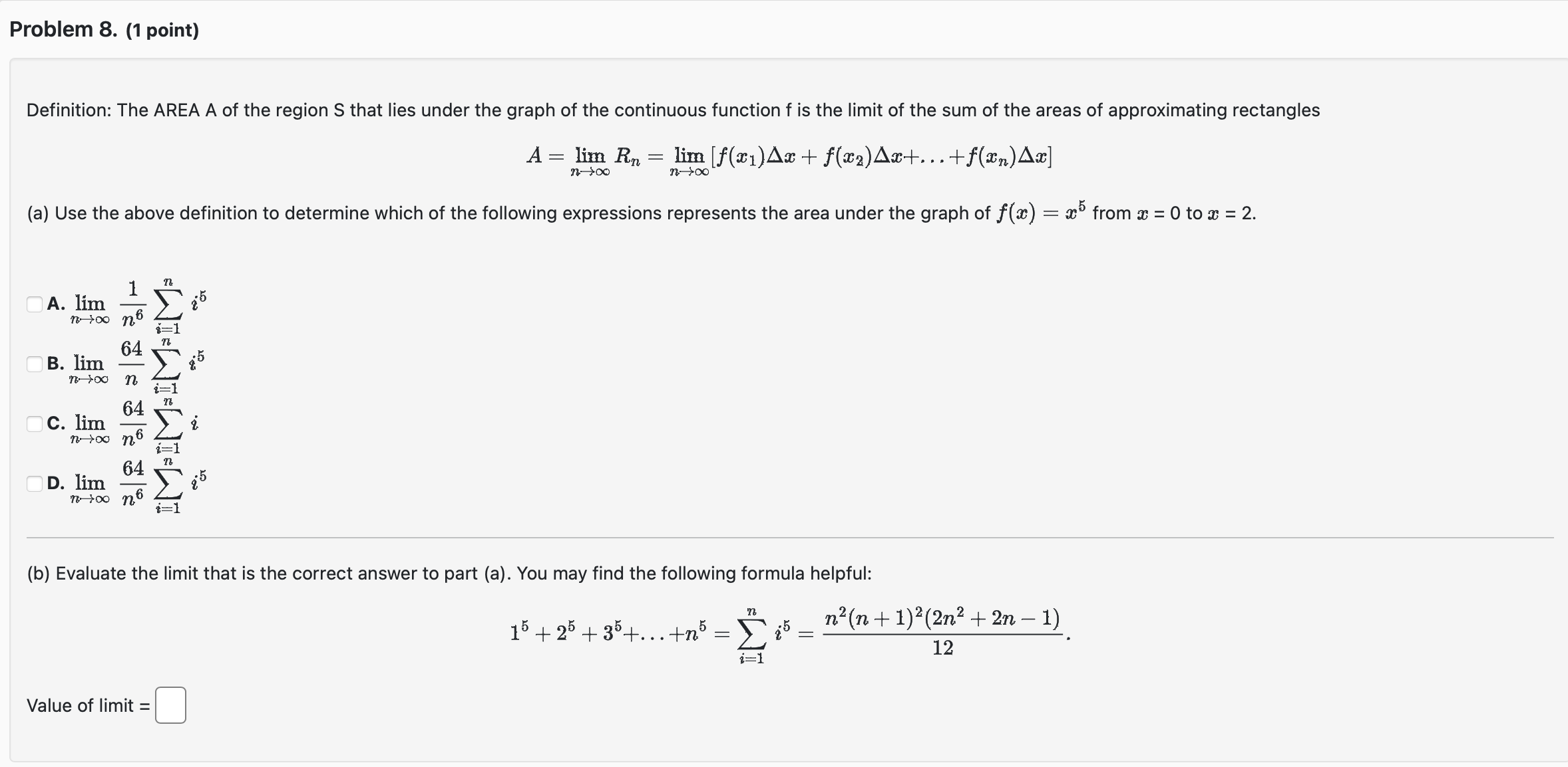 Solved Problem 8. (1 point) Definition: The AREA A of the | Chegg.com