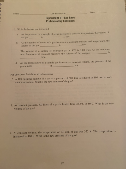 Solved Name Lab Instructor Date Experiment 8-Gas Laws | Chegg.com