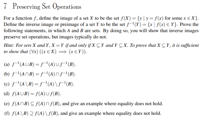 Solved 7 Preserving Set Operations For a function f, define | Chegg.com