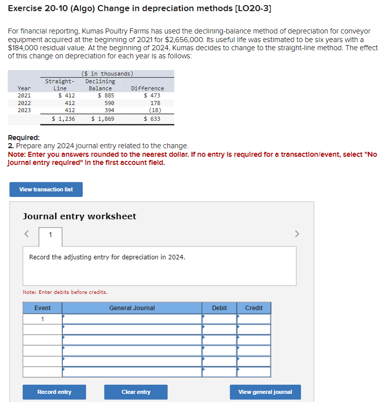 Solved by an EXPERT Exercise 20-10 (Algo) ﻿Change in depreciation methods | Chegg.com