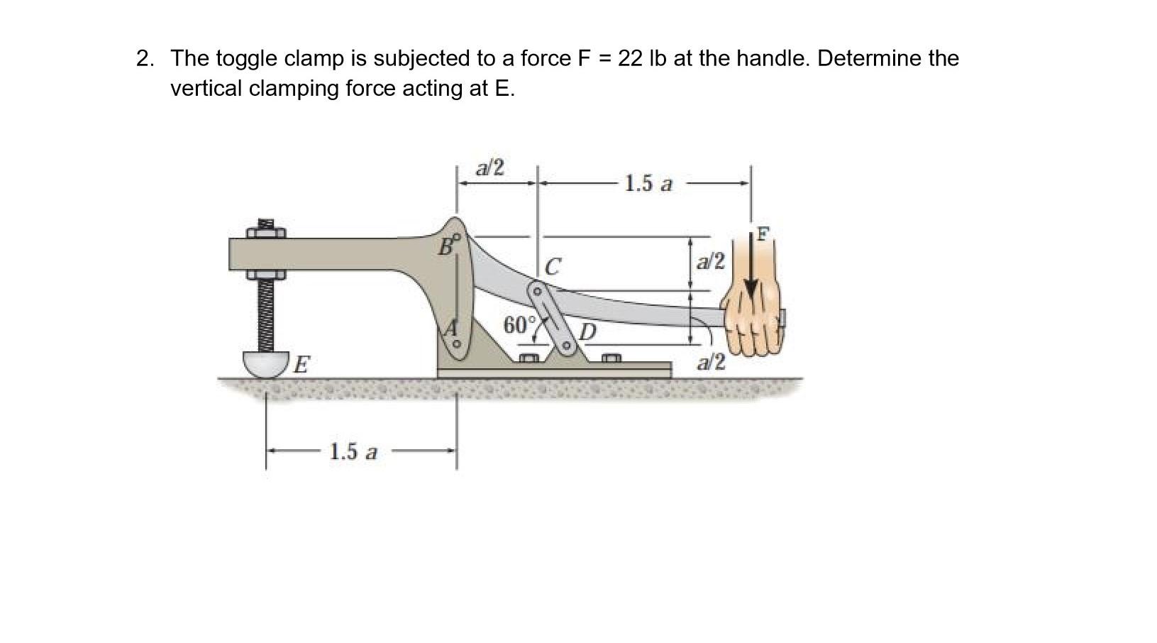 Solved 2. The toggle clamp is subjected to a force F = 22 lb | Chegg.com
