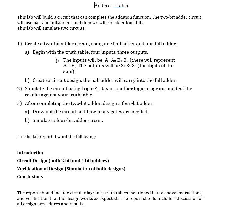 \Adders -- Lab 5 This lab will build a circuit that | Chegg.com