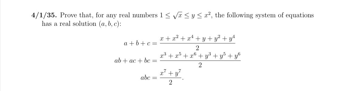 Solved 4/1/35. Prove that, for any real numbers 1≤x≤y≤x2, | Chegg.com