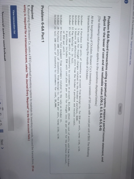 Solved on the Problem 6-6A Record transactions using a | Chegg.com