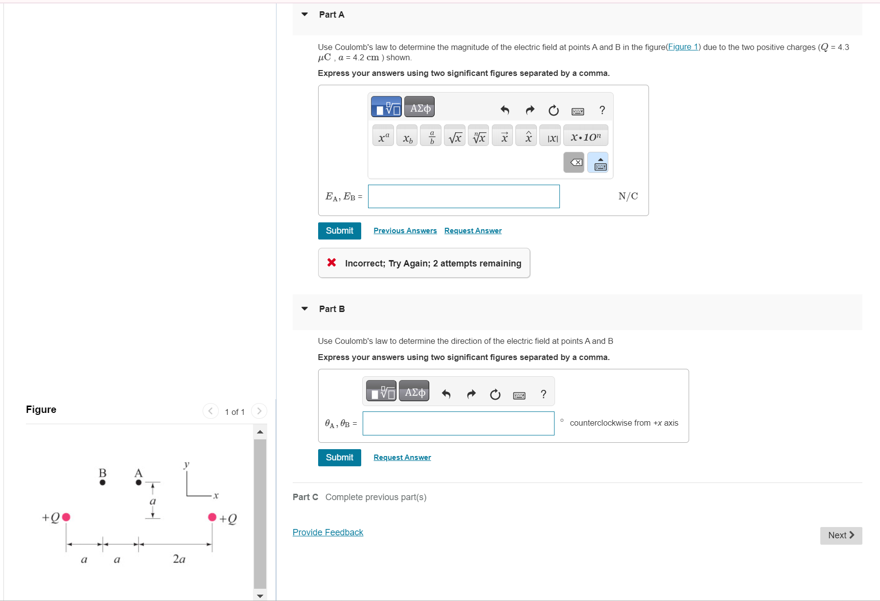 Solved Q=4.3μC,a=4.2cm θA,θB=counterclockwise from +x | Chegg.com
