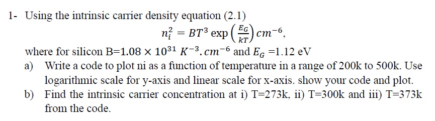 Solved 1- Using the intrinsic carrier density equation (2.1) | Chegg.com