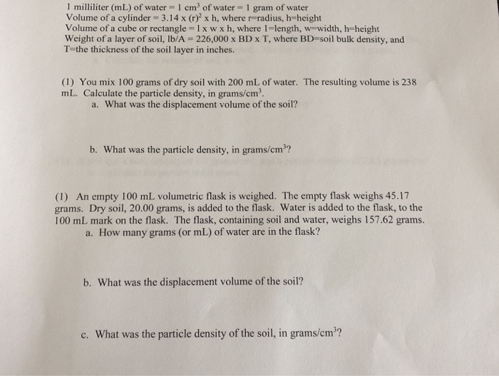 Solved 1 milliliter (mL) of water-1 em3 of water- 1 gram of | Chegg.com