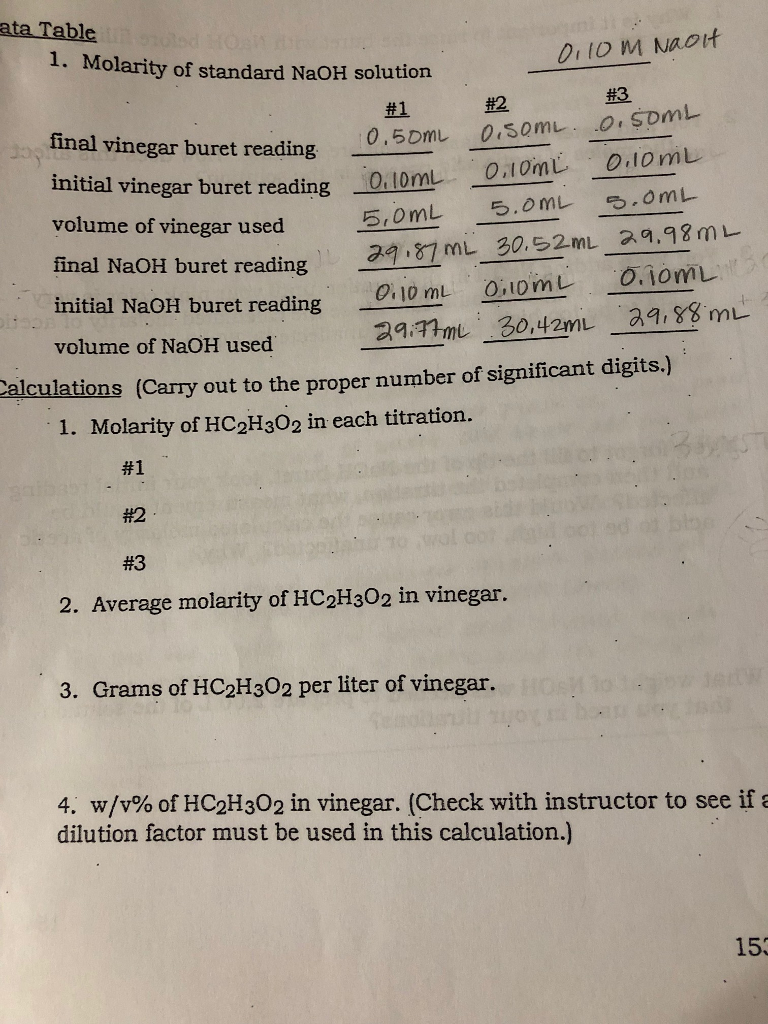 Solved ata Table 1. Molarity of standard NaOH solution #1 | Chegg.com
