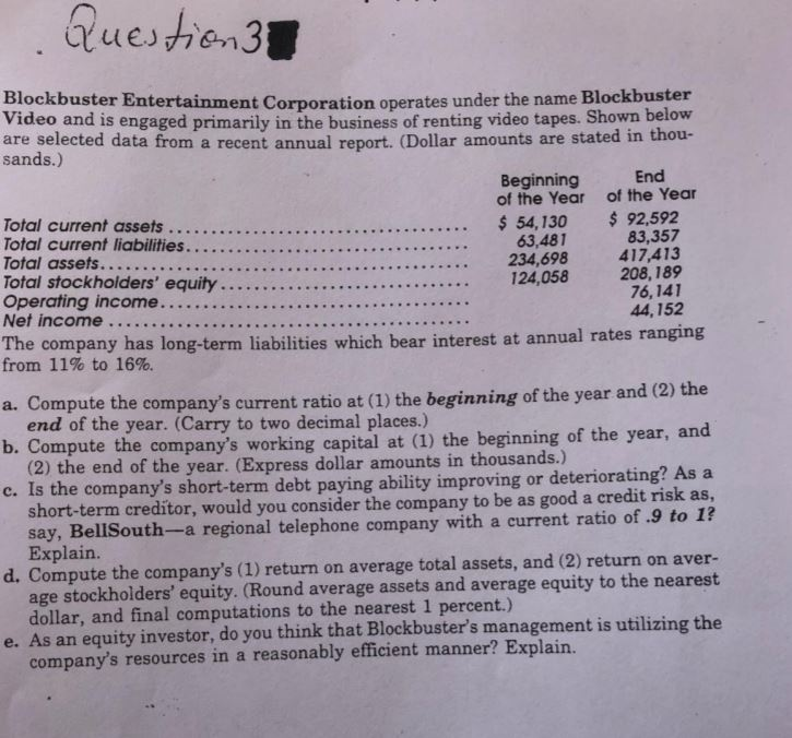Solved Question 3 Blockbuster Entertainment Corporation | Chegg.com