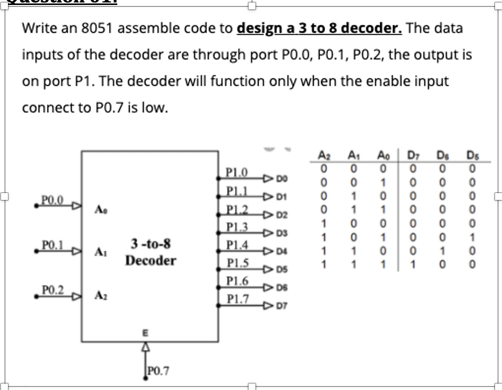 Solved Write an 8051 assemble code to design a 3 to 8 | Chegg.com