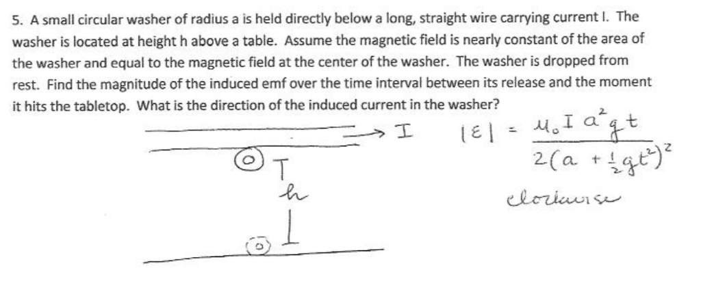 Solved 5. A small circular washer of radius a is held | Chegg.com