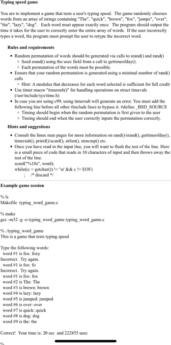 : Typing speed game You are to implement a game that | Chegg.com