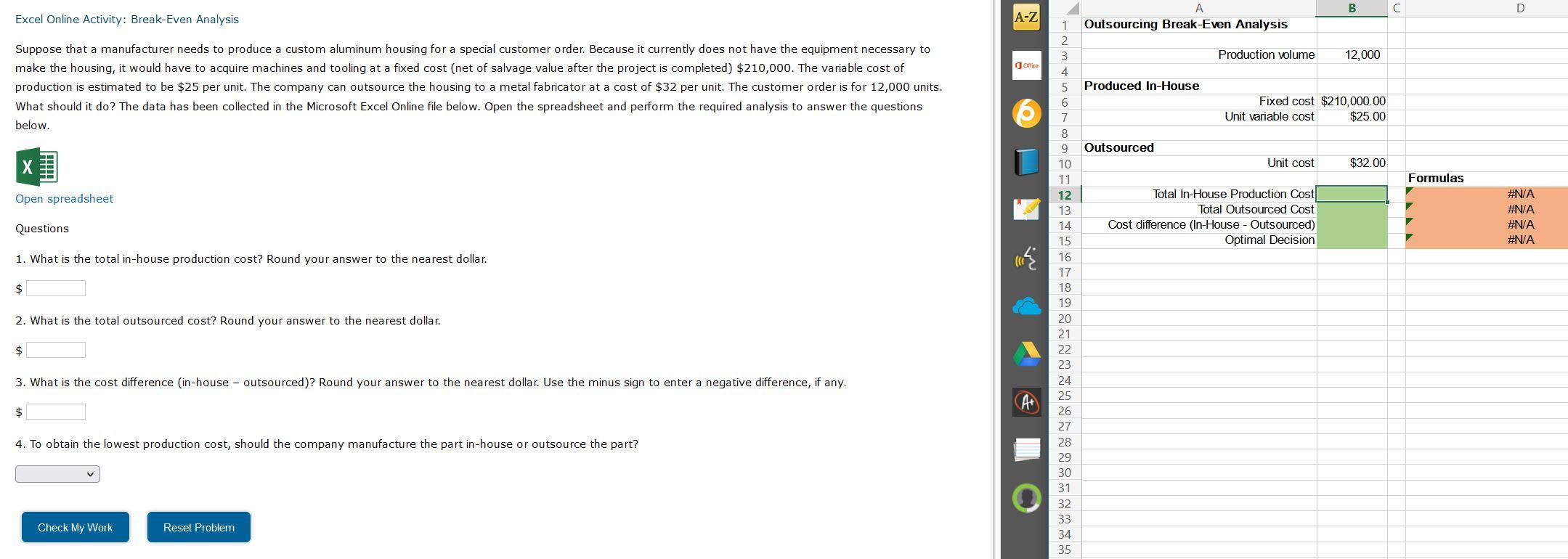 Solved Excel Online Activity: Break-Even Analysis Suppose | Chegg.com