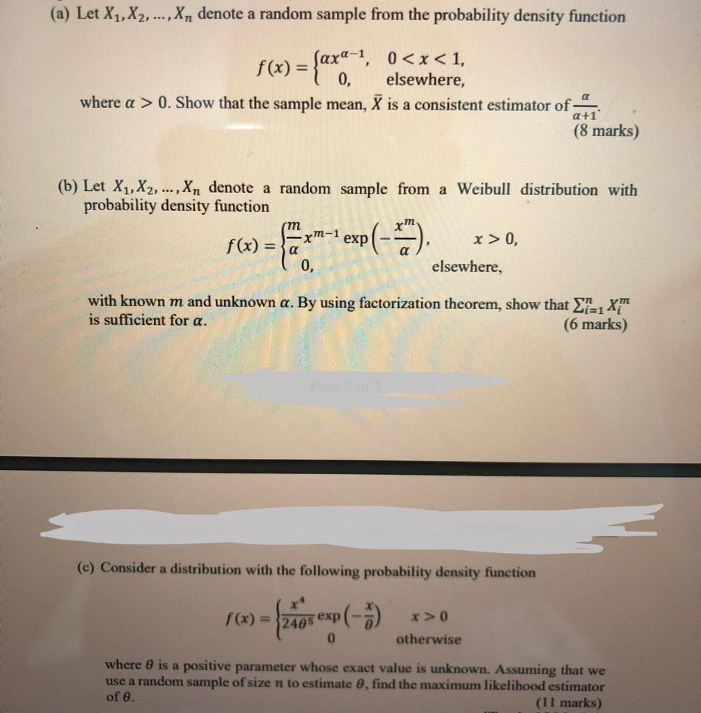 Solved (a) Let X1, X2, ..., Xn denote a random sample from | Chegg.com