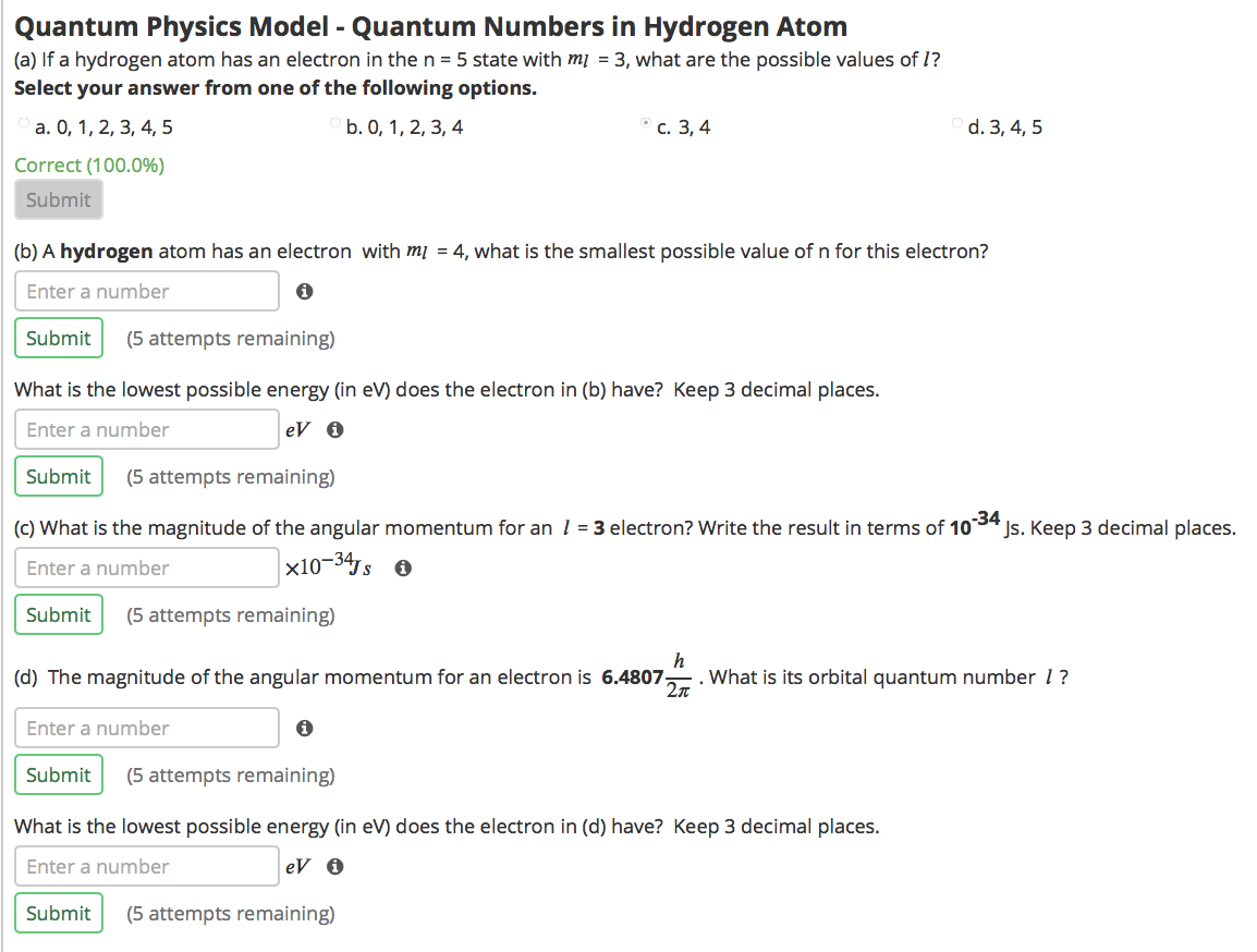 Solved Quantum Physics Model - Quantum Numbers in Hydrogen | Chegg.com