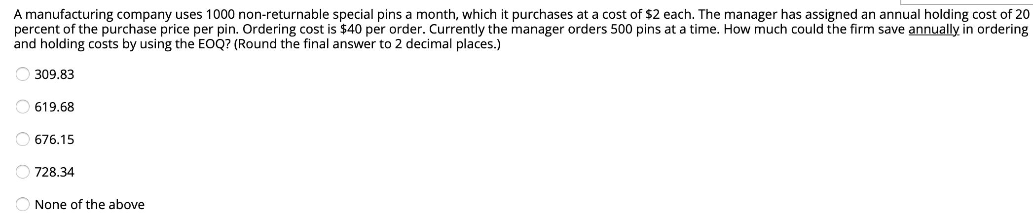 Solved A manufacturing company uses 1000 non-returnable | Chegg.com