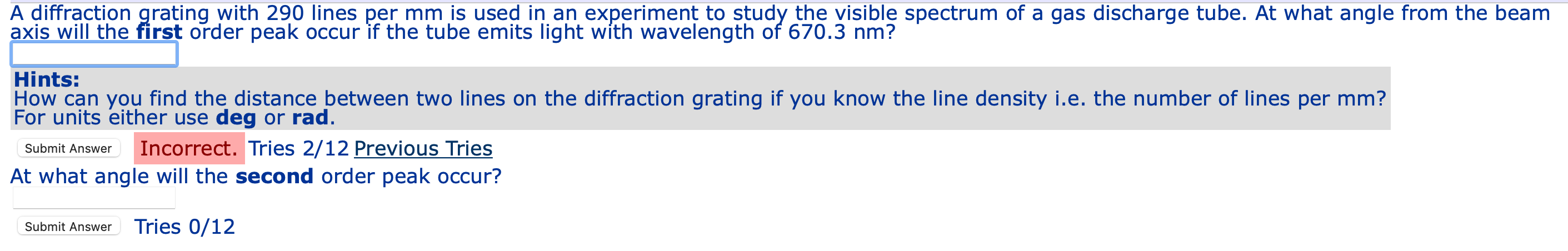 Solved A diffraction grating with 290 lines per mm is used | Chegg.com