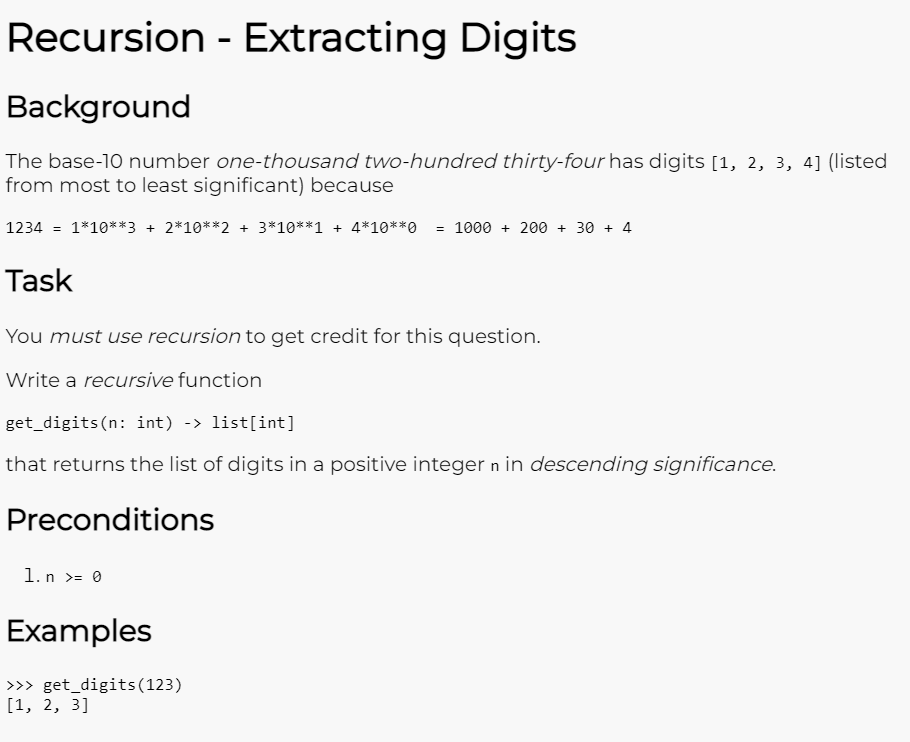 Solved Recursion - Extracting Digits Background The base-10 | Chegg.com
