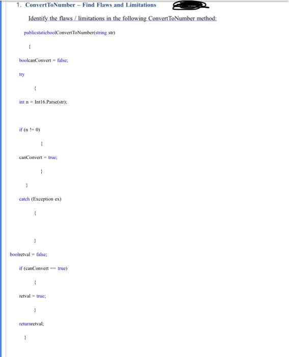 Solved ConvertToNumber – Find Flaws and Limitations | Chegg.com